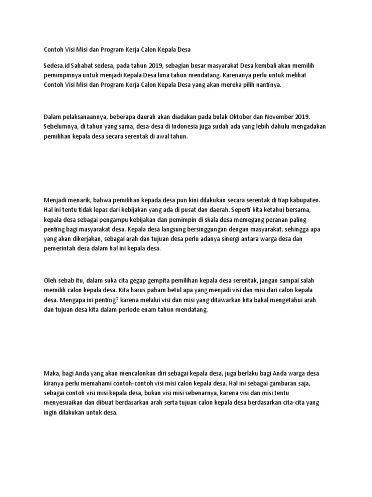 Contoh Visi Misi Dan Program Kerja Calon Kepala Desa | PDF