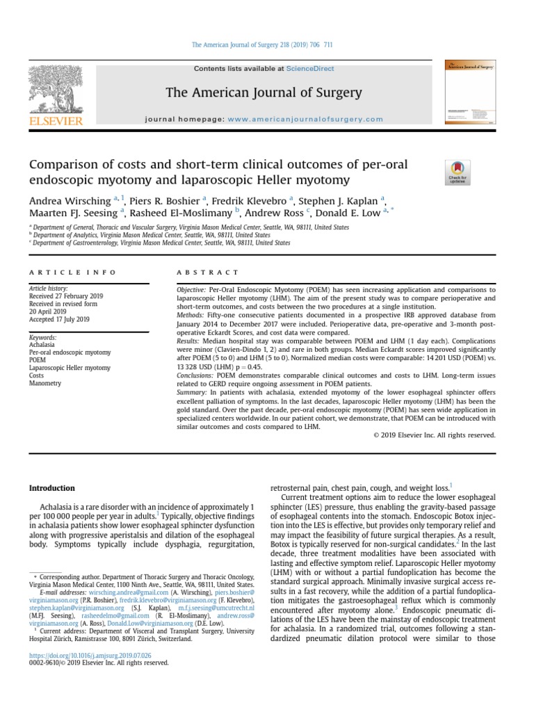 Comparison of Costs and Short-Term Clinical Outcomes of Per-Oral ...