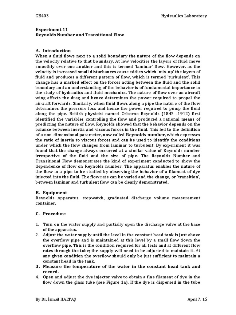Experiment 11 Reynolds Number and Transitional Flow | PDF | Reynolds ...