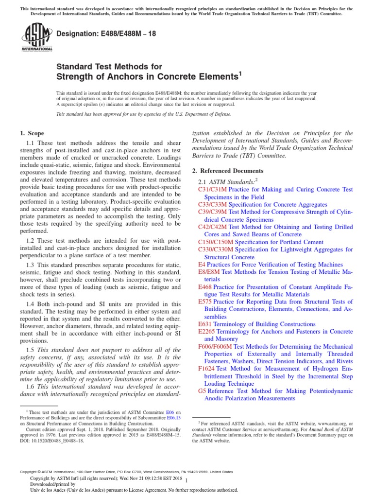 Strength of Anchors in Concrete Elements: Standard Test Methods For ...