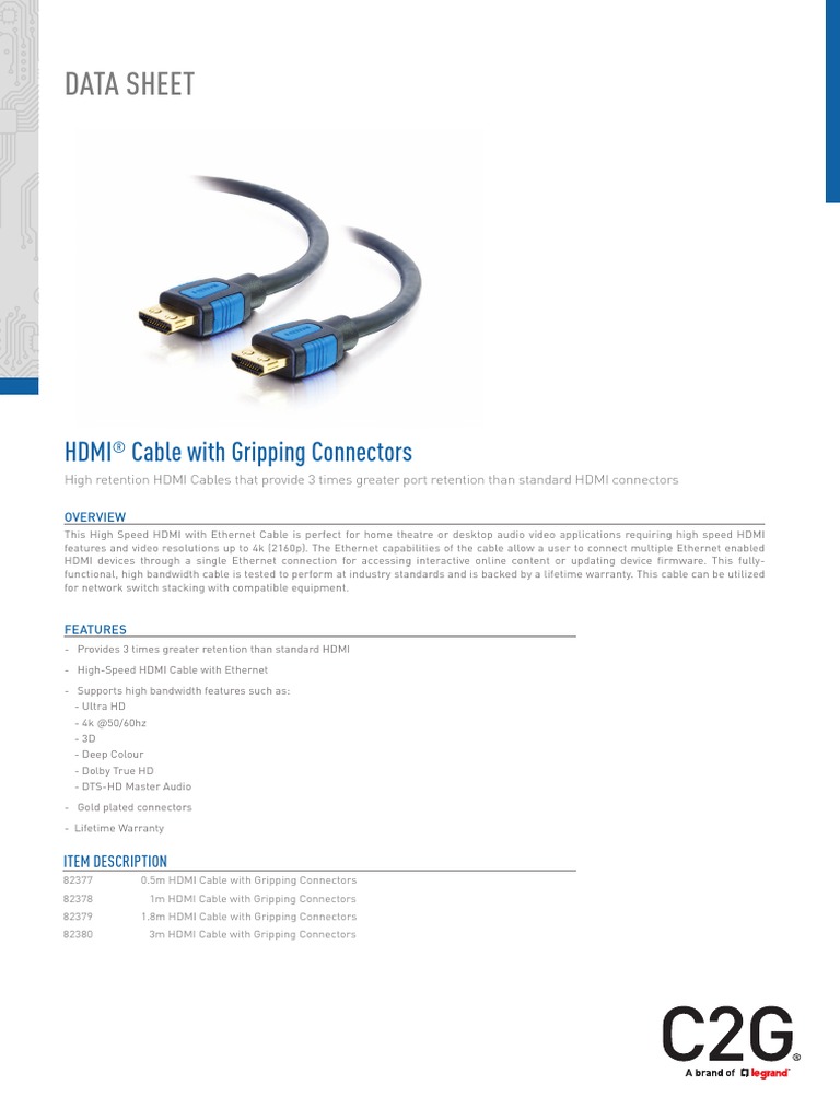 Data Sheet: Hdmi Cable With Gripping Connectors | PDF | Hdmi ...