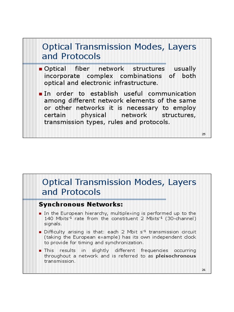 Optical Transmission Modes, Layers and Protocols: Synchronous Networks ...