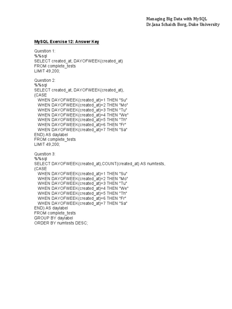 Mysql Exercise 12: Answer Key: Managing Big Data With Mysql DR - Jana ...