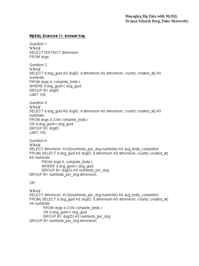 Mysql Exercise 11: Answer Key: Managing Big Data With Mysql DR - Jana Schaich Borg, Duke ...