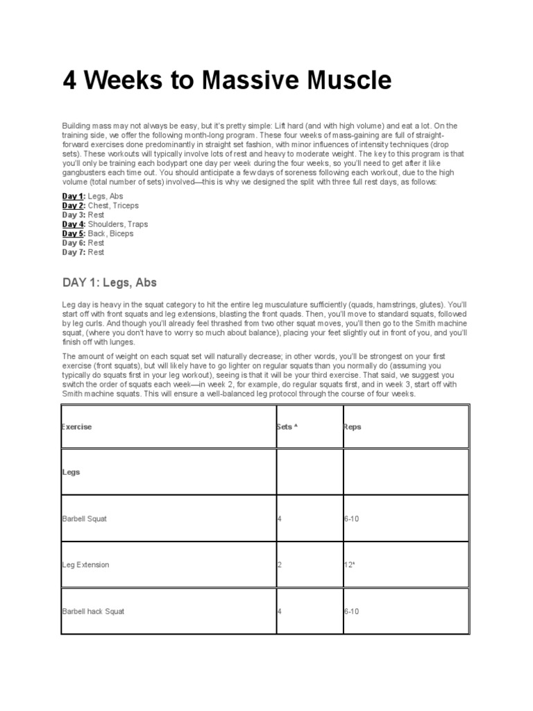 4-Week Muscle Mass Workout Plan | PDF | Weight Training | Physical Exercise