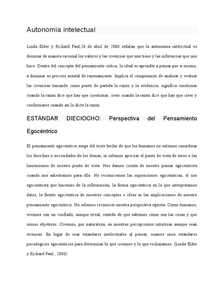 Definición de Autonomía Intelectual | PDF | Pensamiento crítico ...