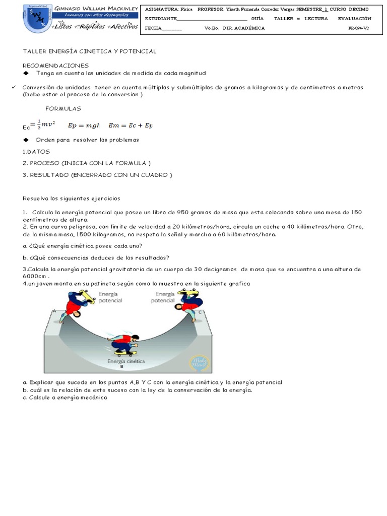 Taller 1 Energia Potencial y Cinetica | PDF | Métodos y materiales de ...
