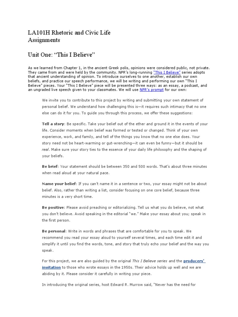 "This I Believe: Personal Belief Project" | PDF | Essays | Cognition