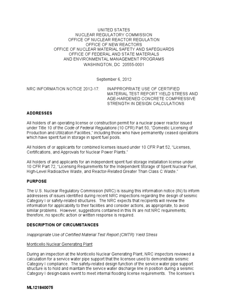 NRC Information Notice 2012-17 | PDF | Nuclear Regulatory Commission ...