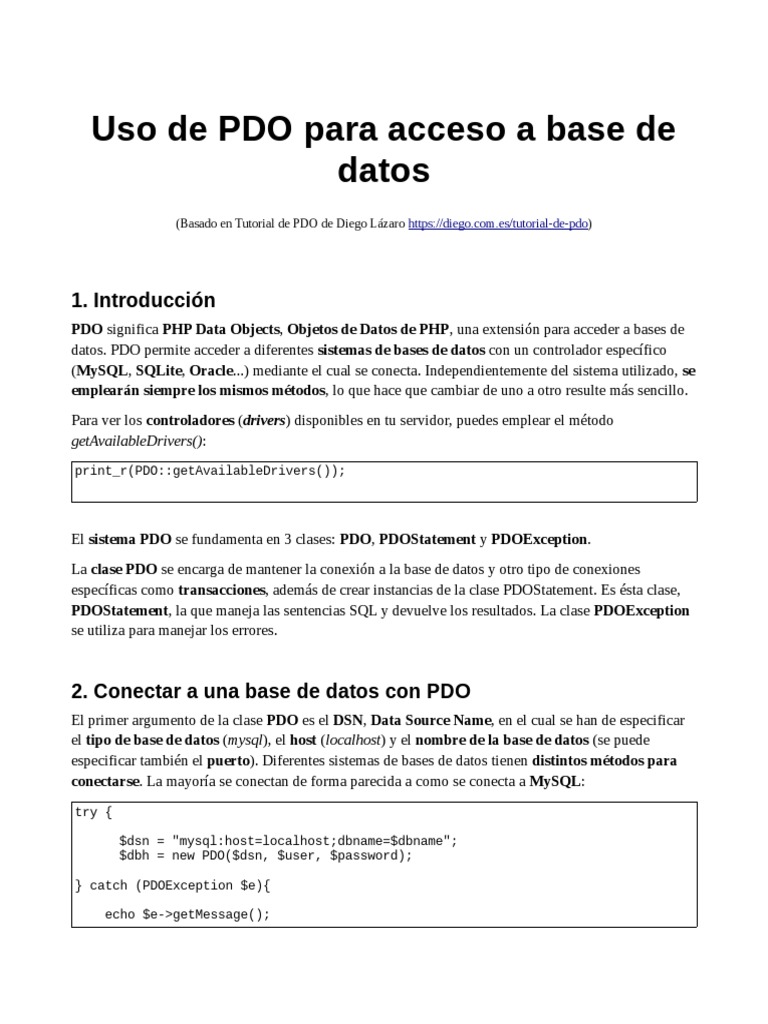Uso de PDO para Acceso A Base de Datos PHP PDF | PDF | Php | SQL