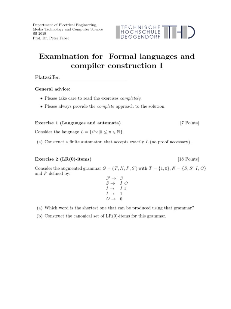 Examination For Formal Languages and Compiler Construction I | PDF | Teaching Methods ...