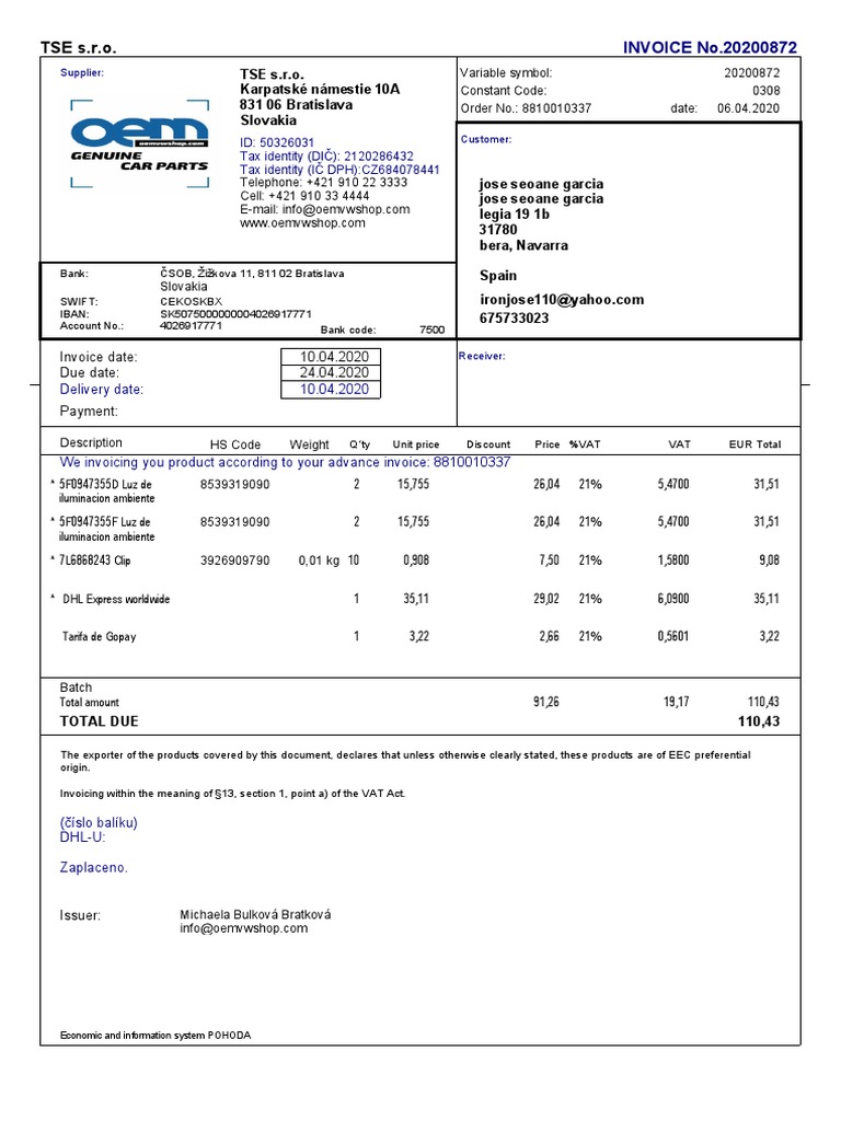 Invoice CZ ICDPH EUR 20200872 | PDF | Invoice | Government Finances