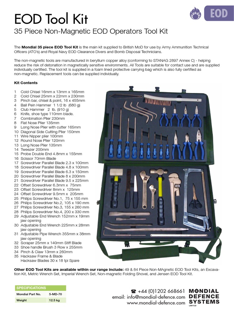 35-Piece Non-Magnetic EOD Tool Kit | PDF | Bomb Disposal | Blade