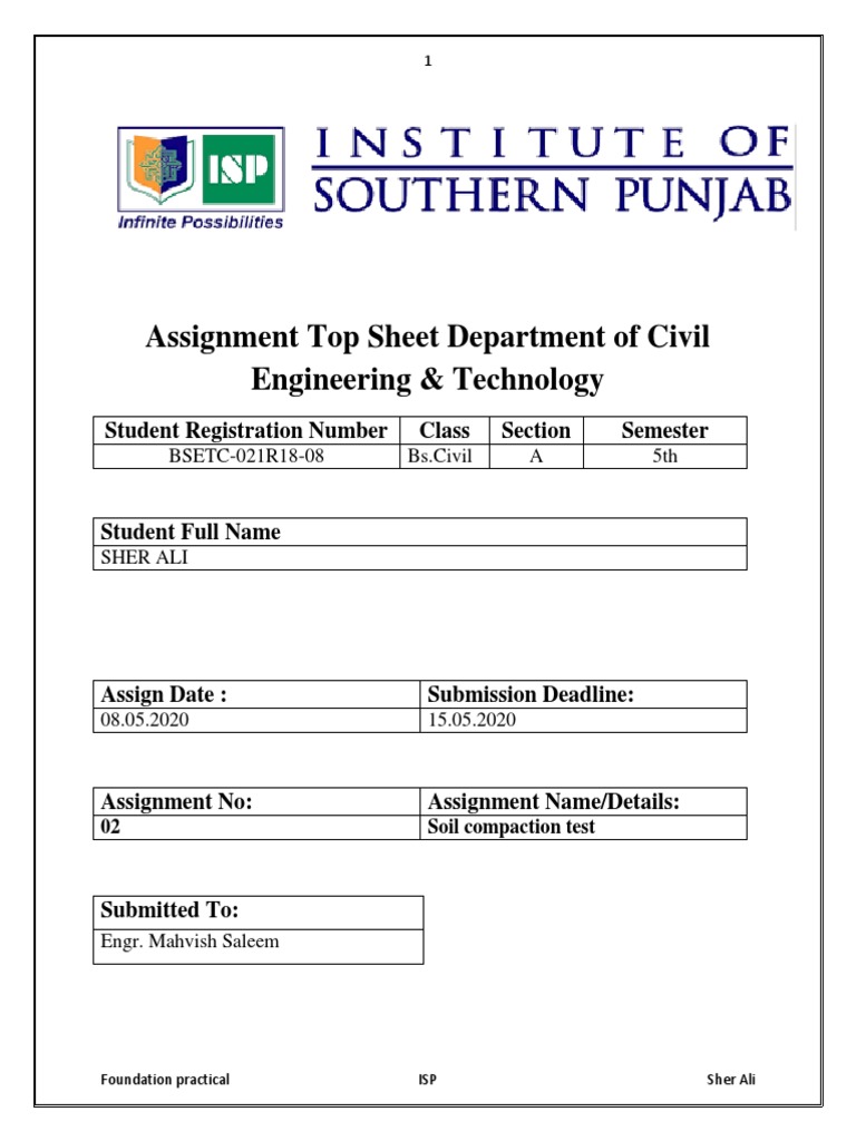 Assignment Top Sheet Department of Civil Engineering & Technology ...