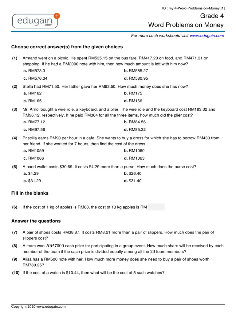 Grade 4 Word Problems On Money My | PDF | Economies | Business