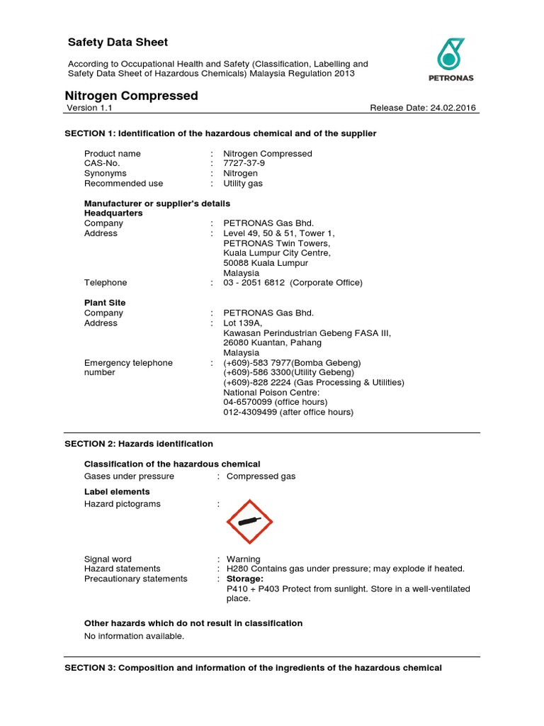 Nitrogen Compressed: Safety Data Sheet | Download Free PDF | Dangerous ...