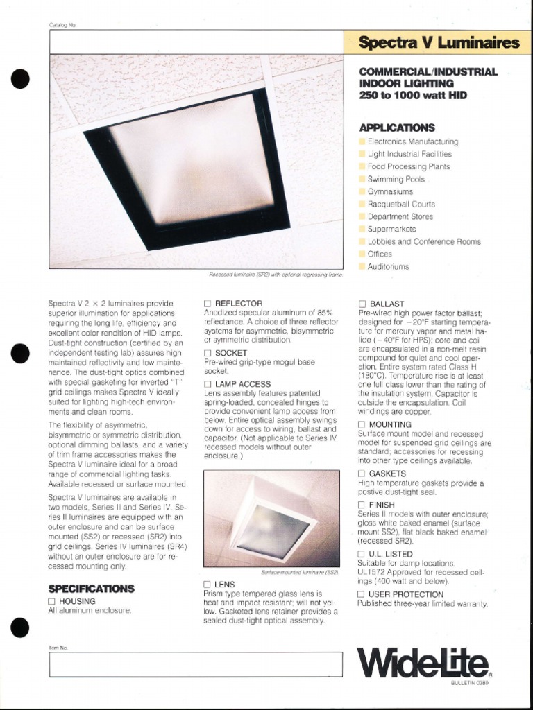 Wide-Lite Spectra V Commercial Indoor Bulletin 1988 | PDF | Lighting ...