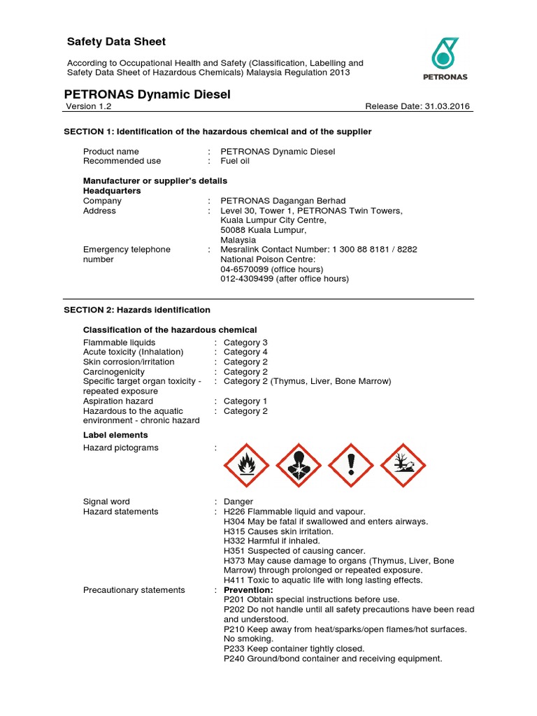 Petronas Dynamic Diesel SDS 2024 | PDF | Toxicity | Dangerous Goods