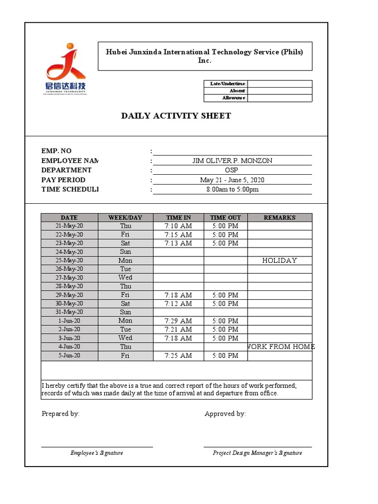 Daily Activity Sheet for Employees | PDF