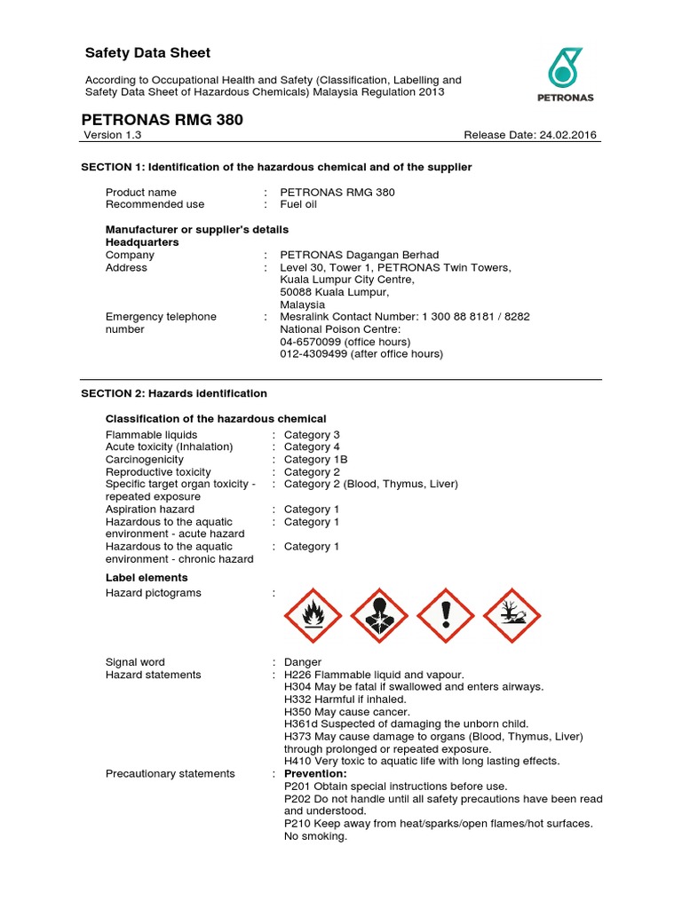 Petronas RMG 380: Safety Data Sheet | PDF | Toxicity | Dangerous Goods