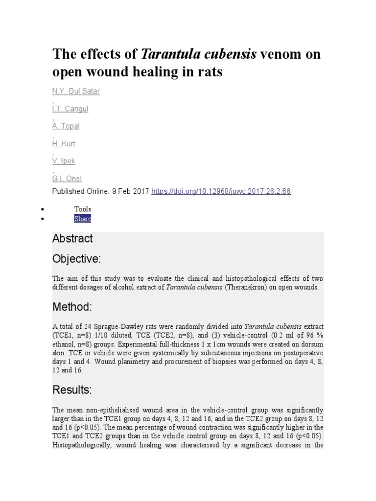 The Effects of Tarantula Cubensis Venom On Open Wound Healing in Rats | PDF
