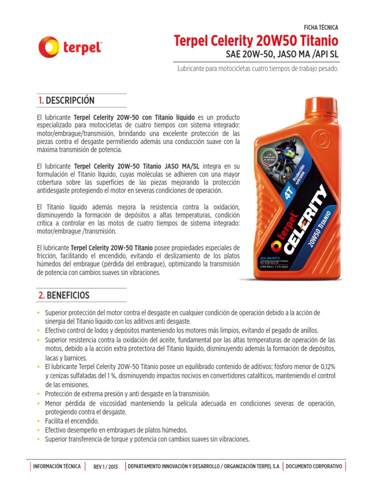 Terpel Celerity 20W50 Titanio | PDF | Lubricante | Motocicleta