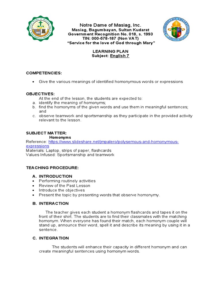 English 7 Homonyms Learning Plan | PDF