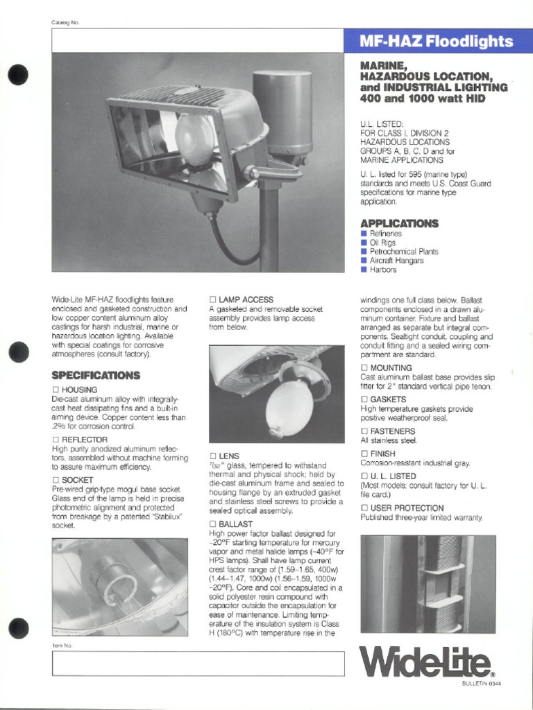 Wide-Lite MF-HAZ Floodlight Hazardous Bulletin 1987 | PDF