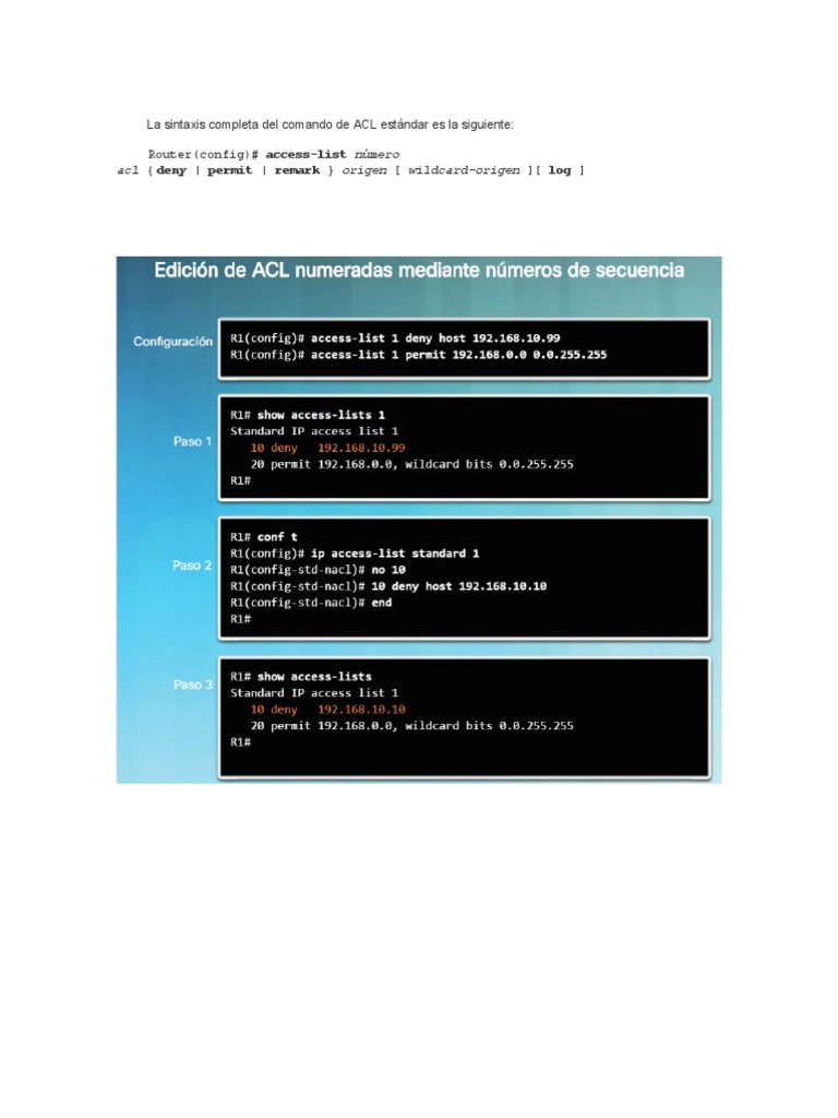 La Sintaxis Completa Del Comando de ACL Estándar Es La Siguiente | PDF | Enrutador (Computación ...