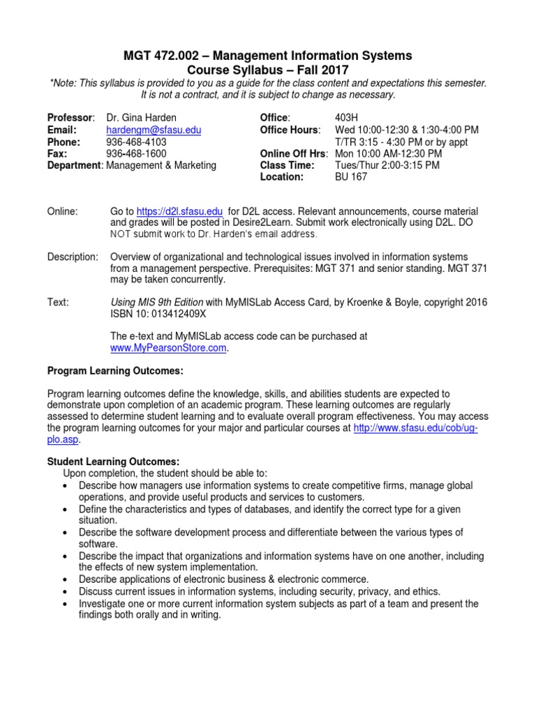 MGT 472.002 - Management Information Systems Course Syllabus - Fall ...