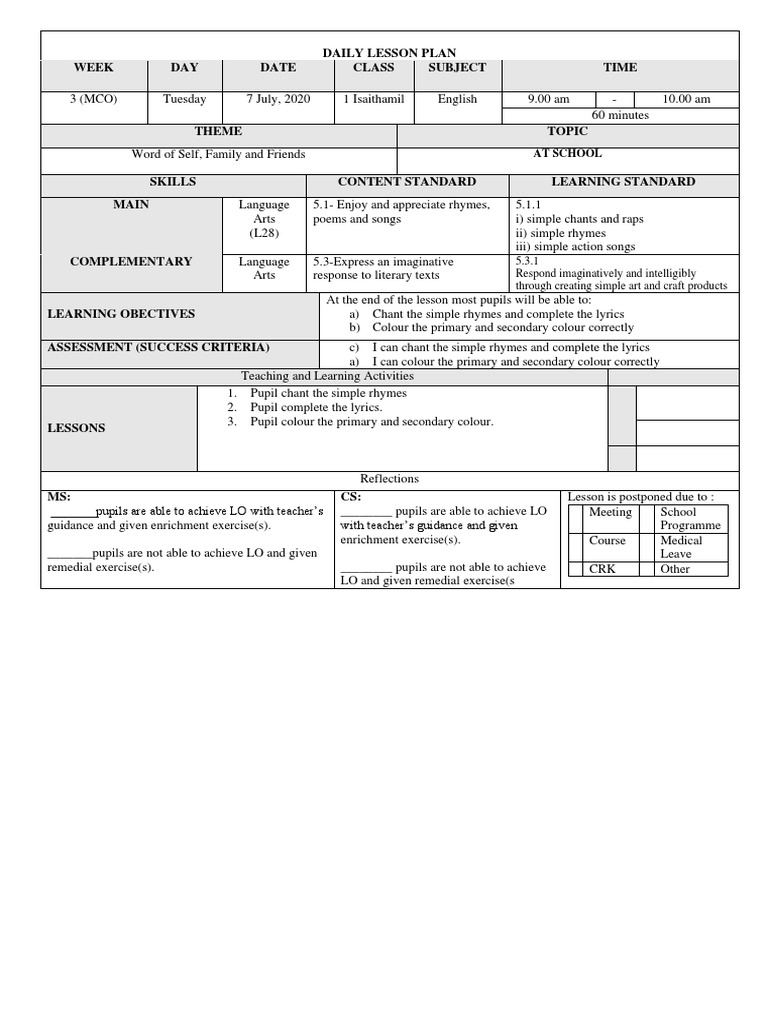 Daily Lesson Plan Week DAY Date Class Subject Time: at School | PDF ...