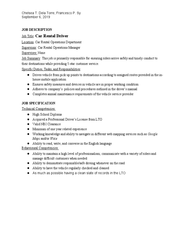 Car Rental Driver: Job Description | PDF | Car Rental | Car