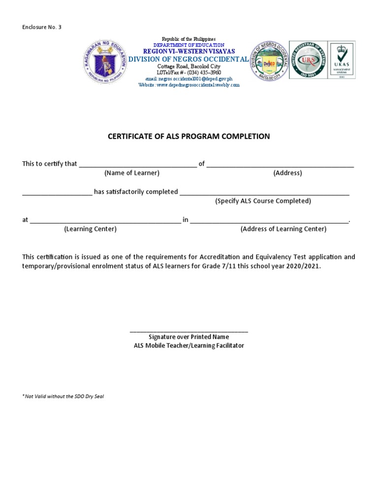 Certificate of Als Program Completion: Division of Negros Occidental | PDF