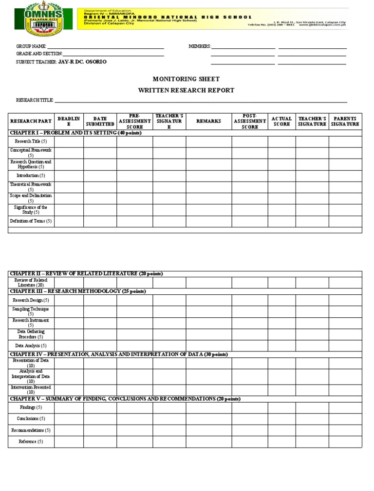 Monitoring Sheet Written Research Report: Jay-R Dc. Osorio | PDF