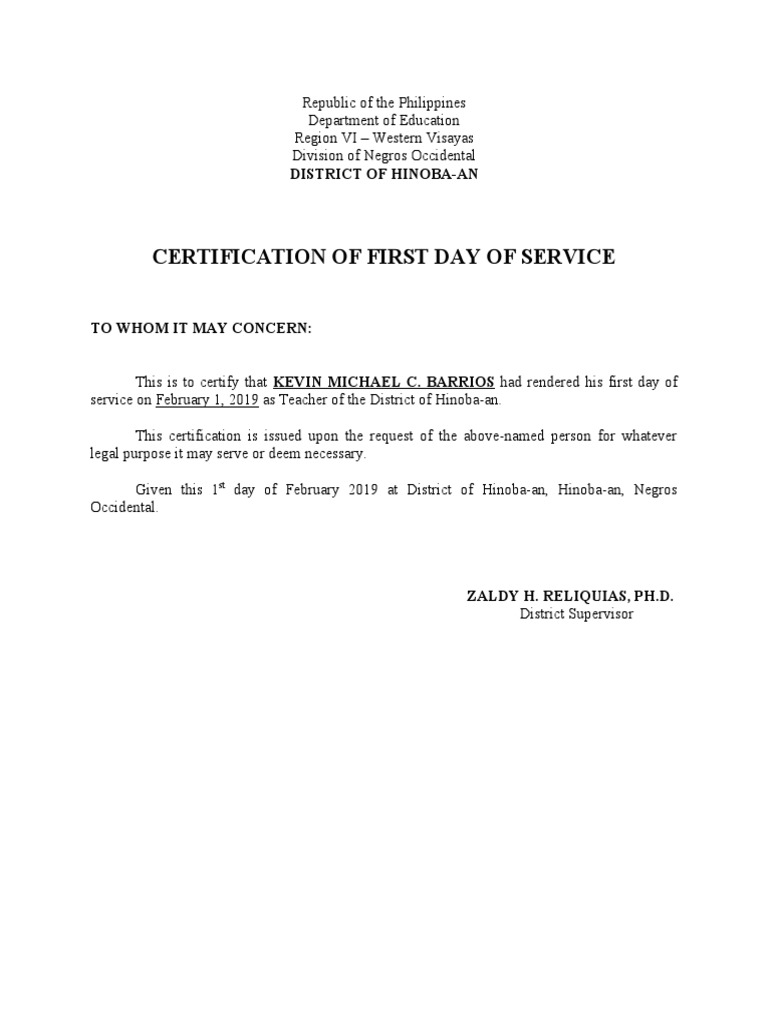 Certification of First Day of Service | PDF