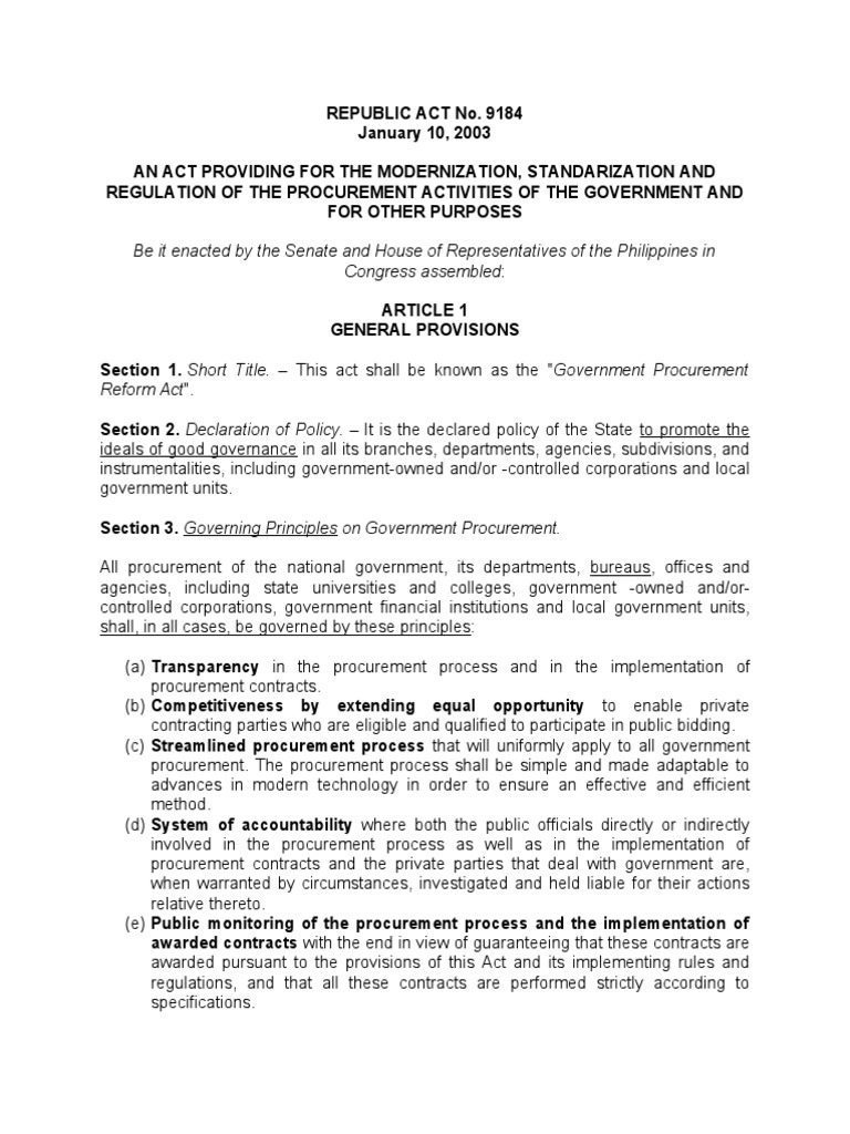 Government Procurement Reform Act 9184 | PDF | Procurement | Arbitration