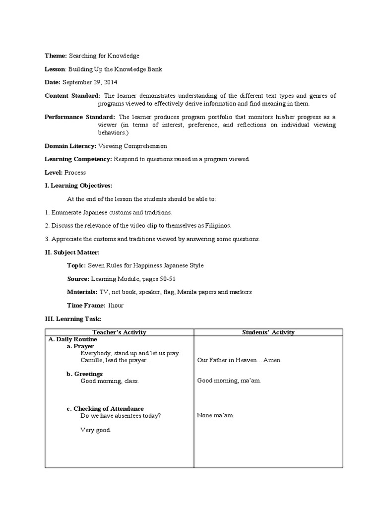 Detailed Lesson Plan For Final Demo | PDF | Lesson Plan | Reading ...
