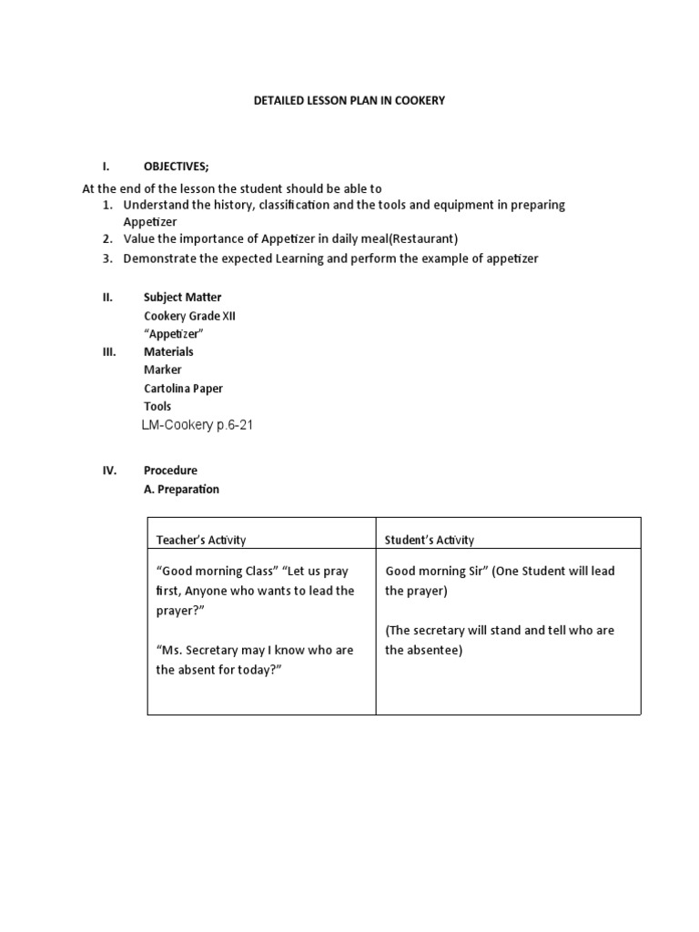 Deyailed Lesson Plan in Cookery | PDF | Hors D'oeuvre | Foods
