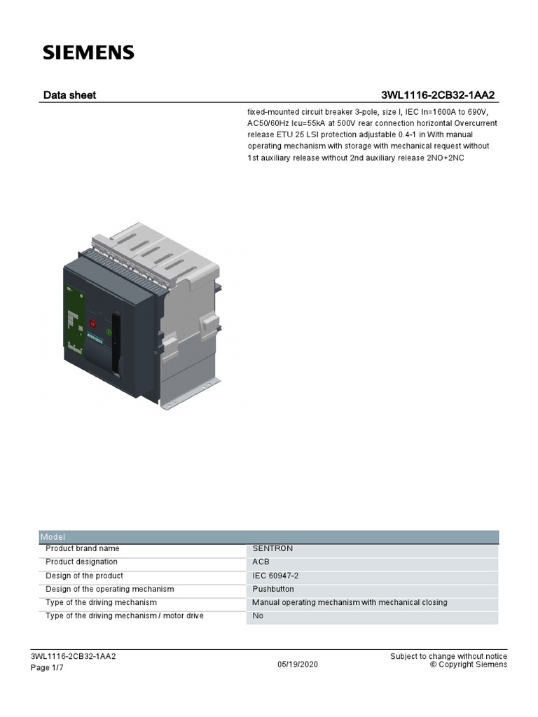 Data Sheet 3WL1116-2CB32-1AA2: Model | PDF | Alternating Current | Electrical Engineering