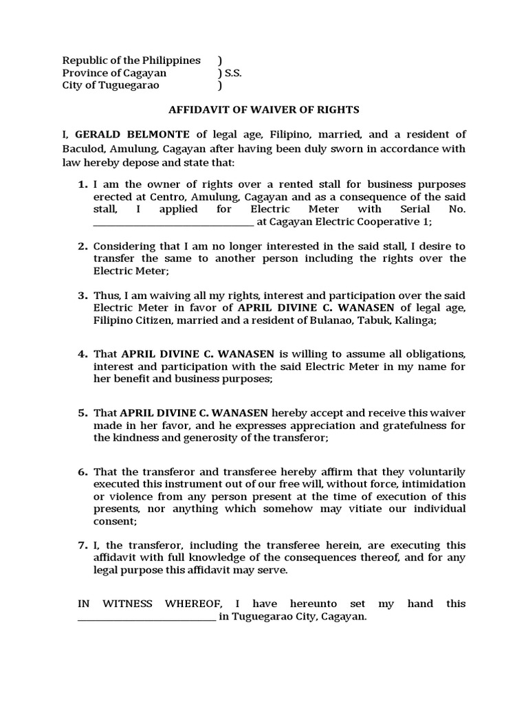 Affidavit of Waiver of Rights | PDF | Affidavit | Legal Procedure