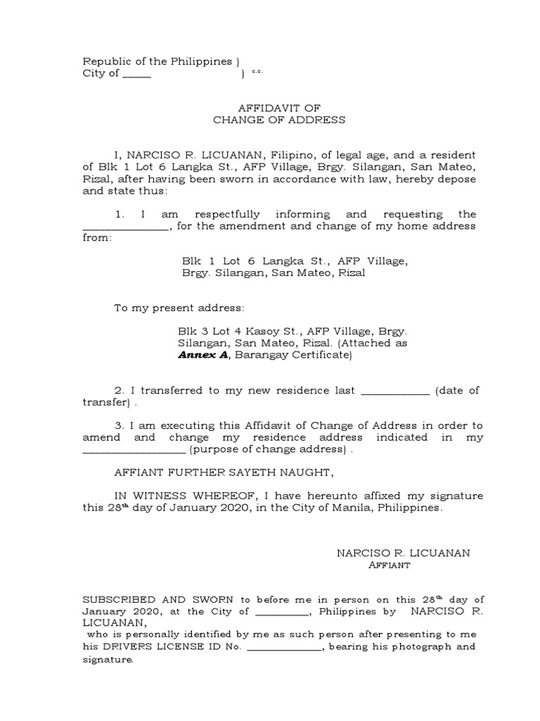 Affidavit of Change of Address | PDF | Law