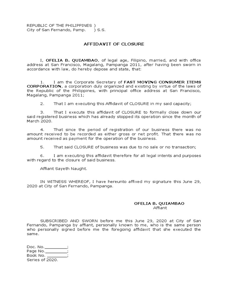 Affidavit of Closure: CORPORATION, A Corporation Duly Organized and ...