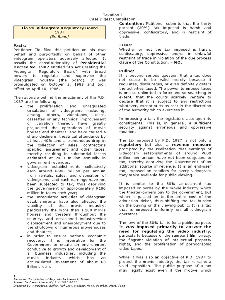 Tio v. Videogram Regulatory Board | Download Free PDF | Taxes | Justice