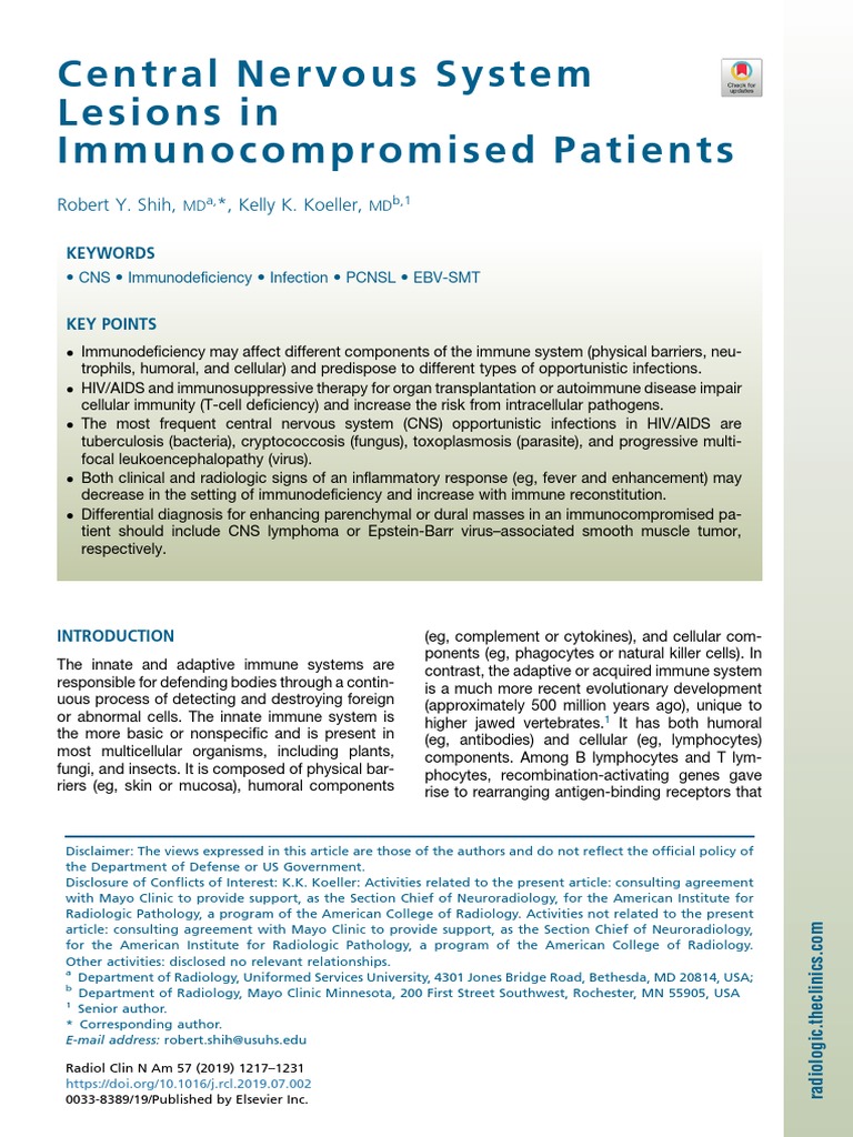 Centralnervoussystem Lesionsin Immunocompromisedpatients: Robert Y ...