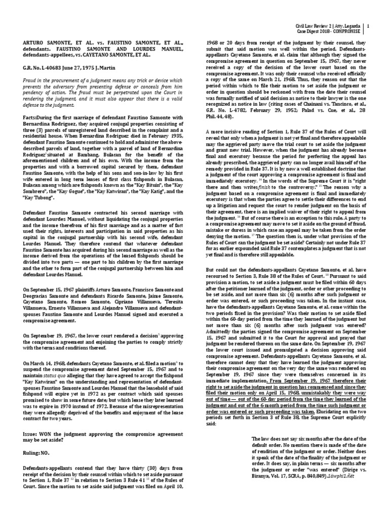Civil Law Review 2 - Atty. Legarda Case Digest 2018 - COMPROMISE 1 ...