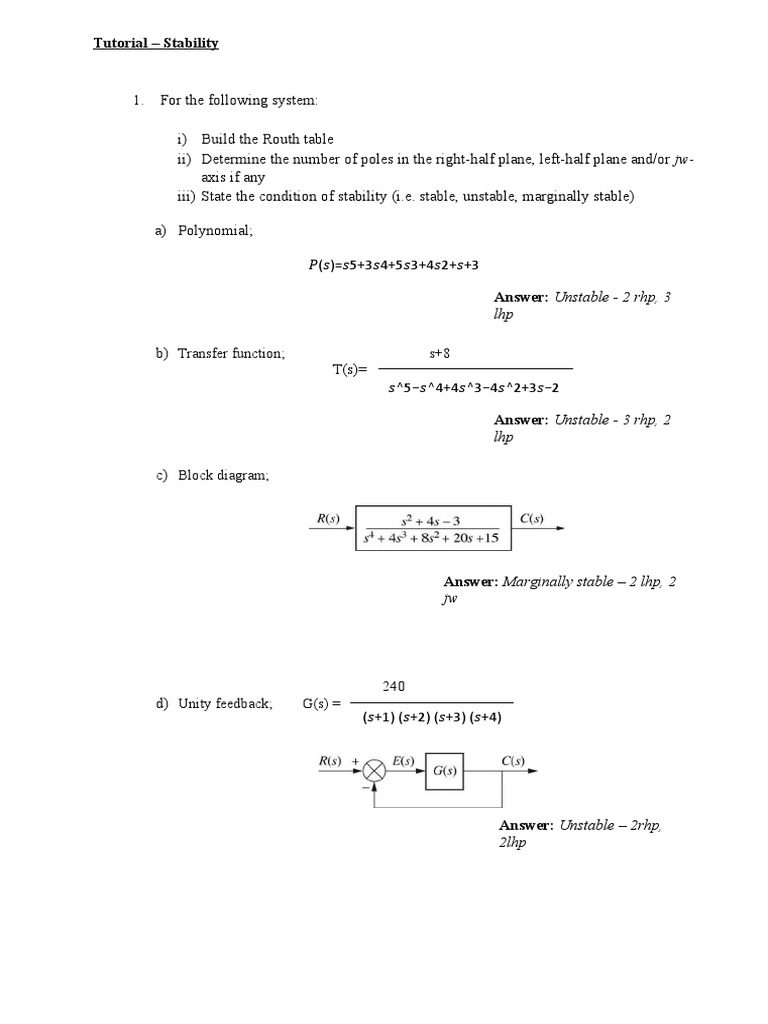 TUTORIAL 5 - Stability | PDF | Stability Theory | Control Theory