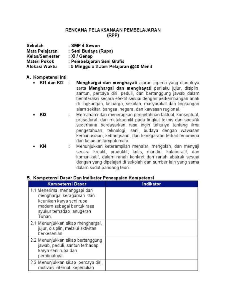 RPP Seni Rupa Pembelajaran Seni Grafis | PDF
