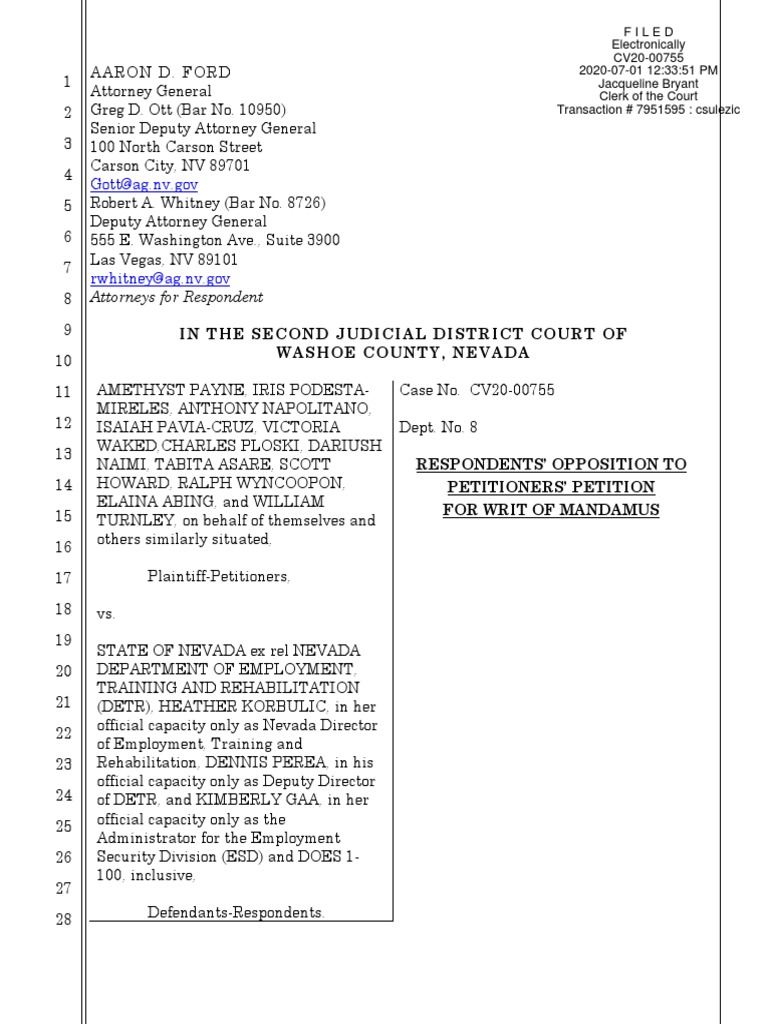 Nevada DETR Response To PUA Lawsuit | PDF | Mandamus | Unemployment ...