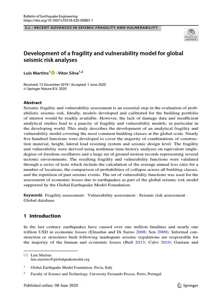 Development of A Fragility and Vulnerability Model For Global Seismic ...