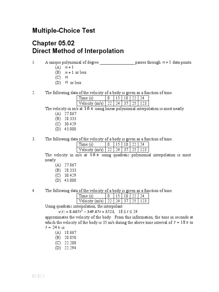 Multiple-Choice Test Direct Method of Interpolation: T T T V | PDF ...